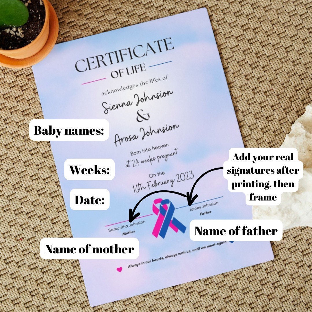 Certificate of Life for Twins, Baby Loss Print, Stillbirth Memorial ...