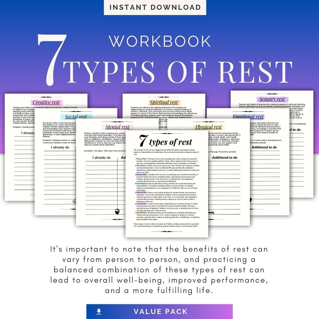 7 Types of Rest Self-care Workbook, Counseling Therapy Templates ...