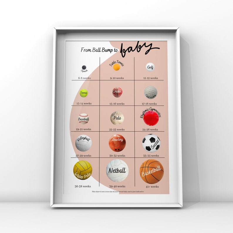 How Big is Baby Bump, Week by Week Baby Size Balls Poster, Pregnancy ...