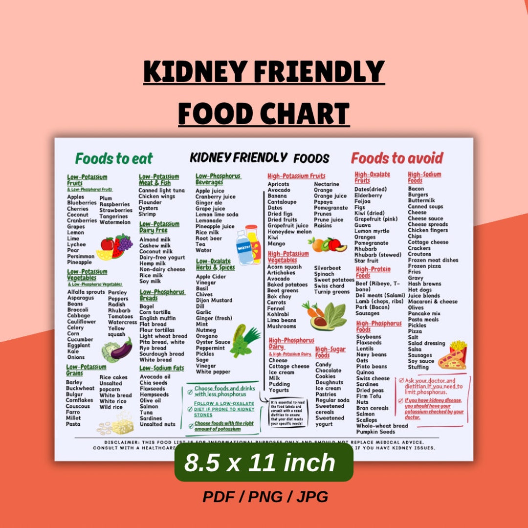 Kidney Friendly Food List 8.5x11, Kidney Awareness, Kidney Diet List Low Potassium, Grocery List ...
