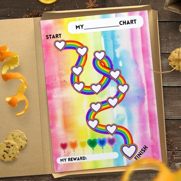 Printable Kids Rainbow Reward Chart, Rainbow Hearts Daily Chores, Kids ...