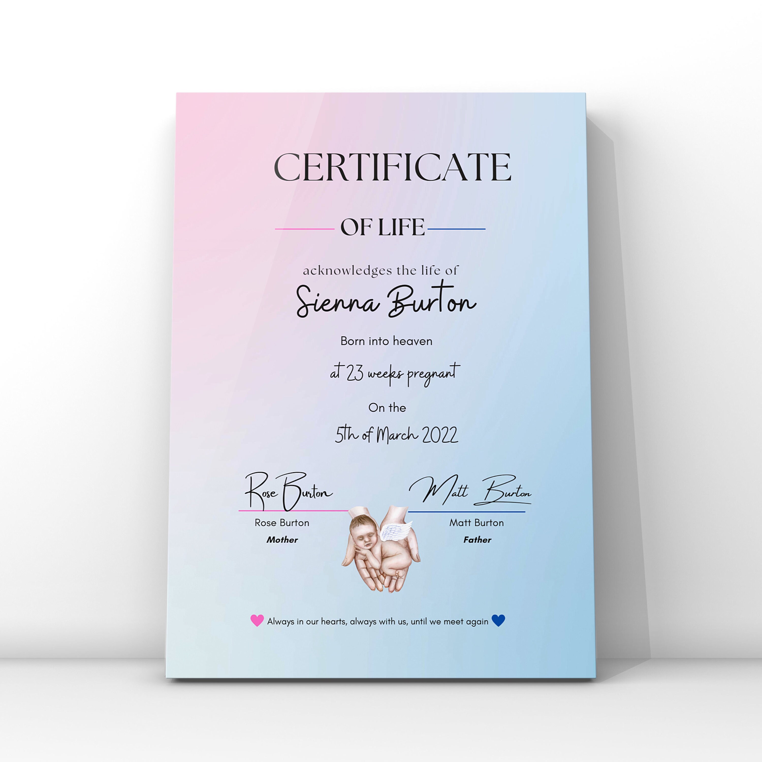 Certificate of Life, Baby Loss Print, Stillbirth Memorial, Infant Loss ...