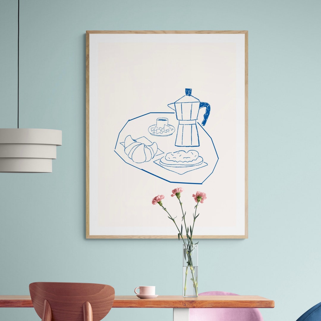 Coffee Drawing Art Kitchen Print Hand Drawn Croissant Waffles Coffee ...