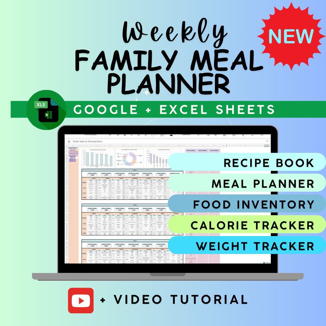 Weekly Meal Planner: Google Sheets & Excel Recipe Journal (digital ...