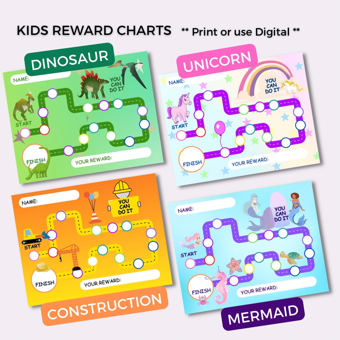 Printable Kids Reward Chart, Dinosaur Mermaid Unicorn Construction ...