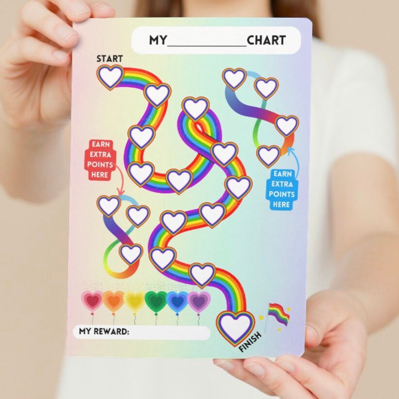 Printable Kids Rainbow Reward Chart, Rainbow Hearts Daily Chores, Kids ...