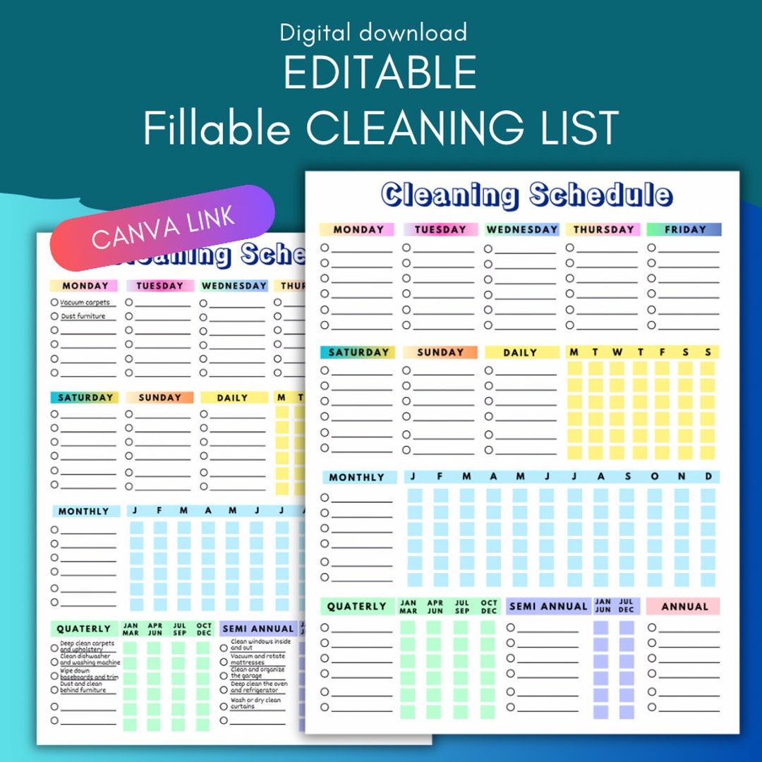 Editable Cleaning Schedule, Canva, Weekly Monthly Yearly Cleaning ...