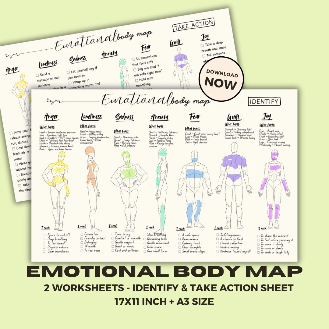 Emotional Body Map Chart: Self-care Pain Relief Worksheets (digital ...