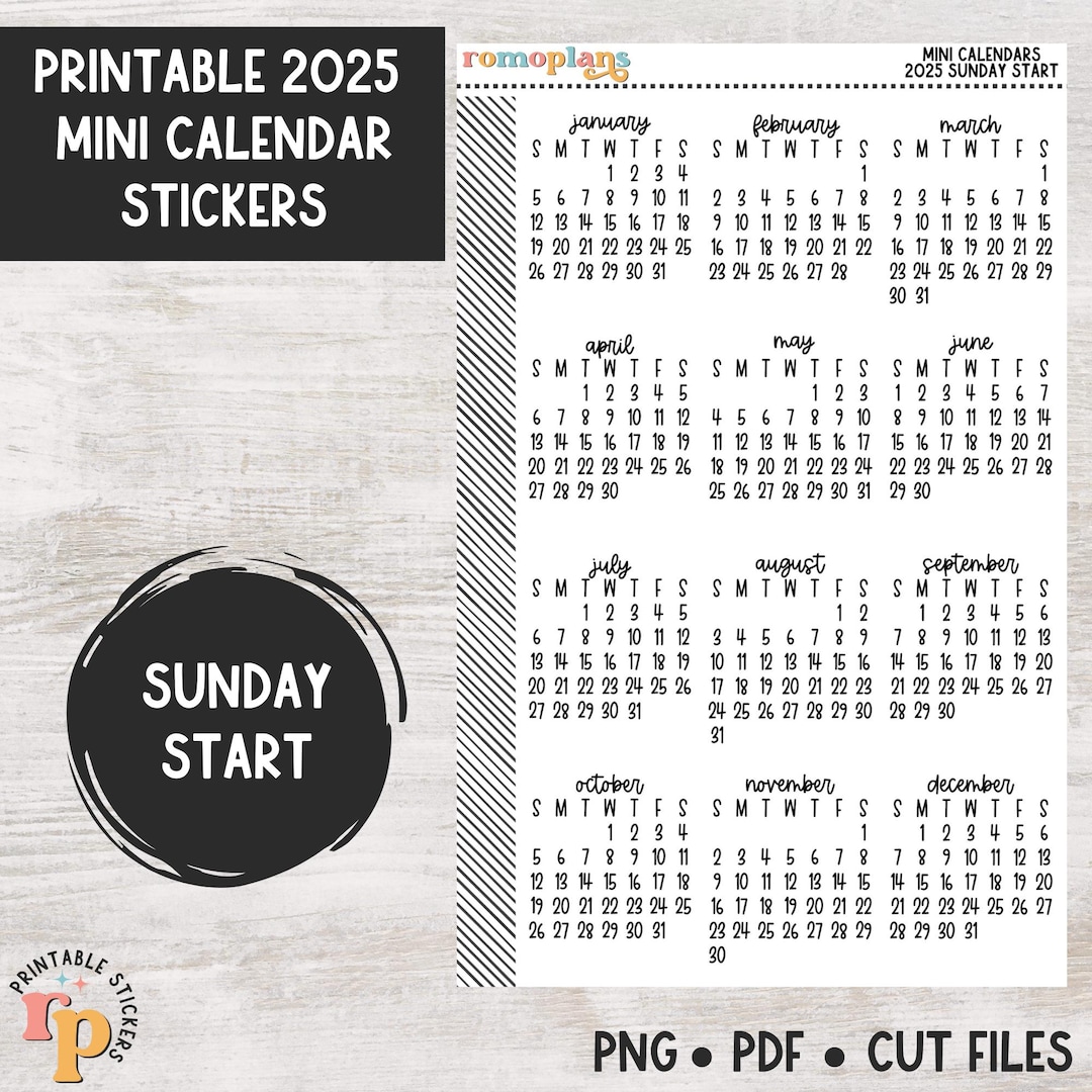Printable Mini Calendar Stickers | Sunday Start - Etsy