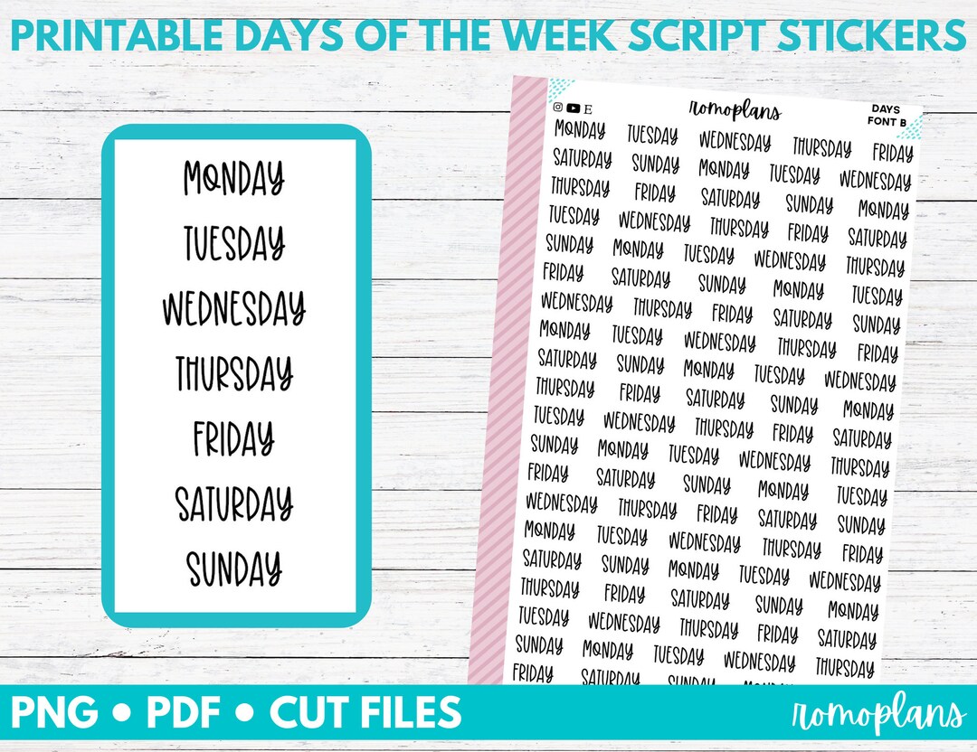 Printable Days of the Week Script Stickers | Font B | Erin Condren ...