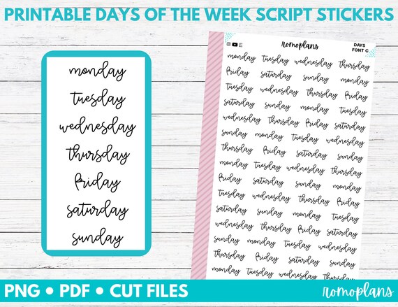 Printable Days of the Week Script Stickers Font C Erin - Etsy