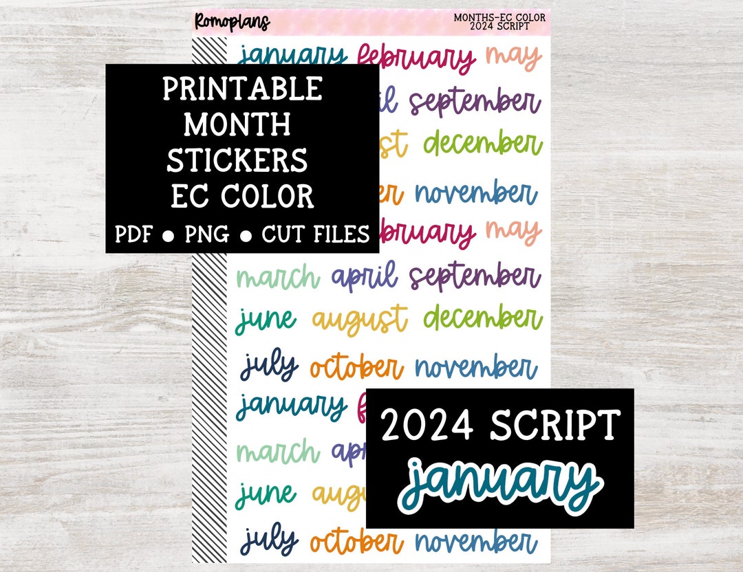 Printable Month Script Stickers | 2024 Kit Font | | Erin Condren Colors ...