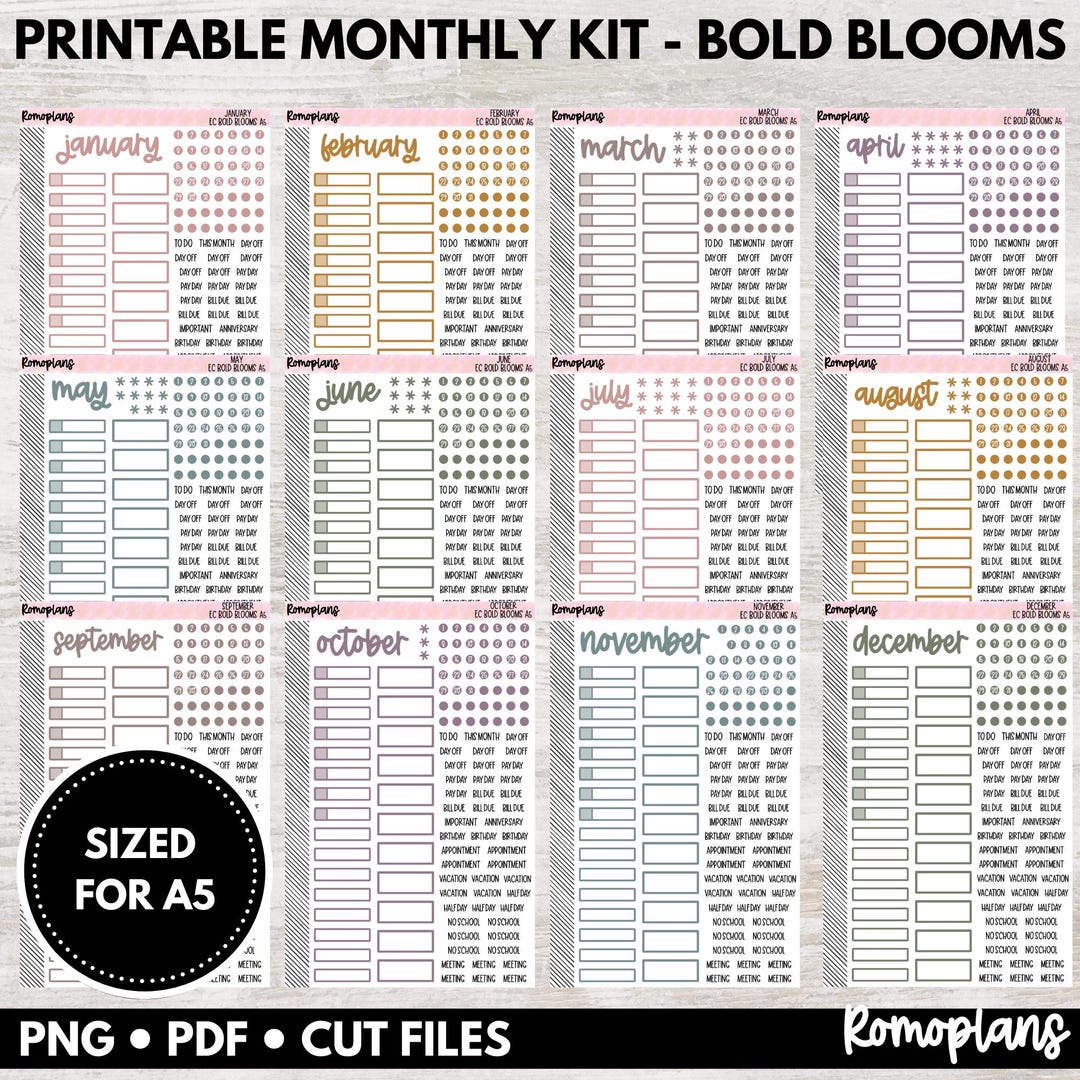 Printable Functional Monthly Kit Bundle in Erin Condren Bold Blooms ...