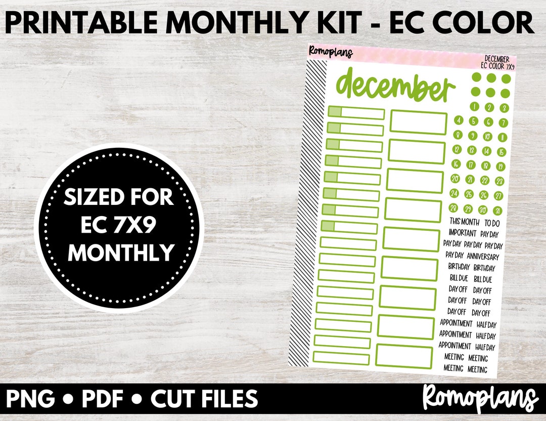 Printable Functional Monthly Kit in Erin Condren Colors | December ...