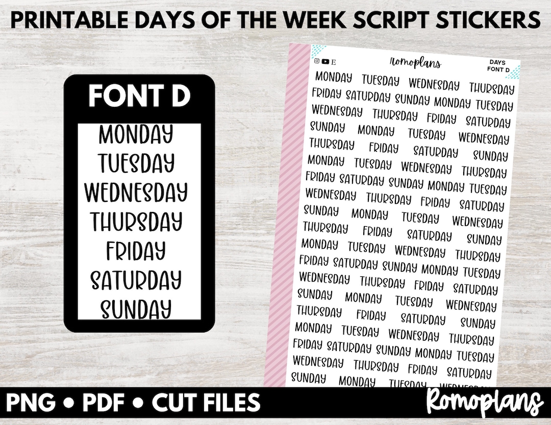 Printable Days of the Week Script Stickers Font D Erin Condren Happy ...