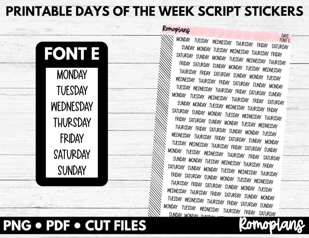Printable Days of the Week Script Stickers FONT E Erin - Etsy Portugal