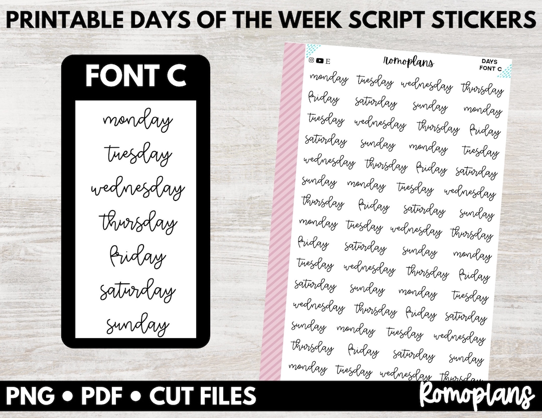 Printable Days of the Week Script Stickers | Font C | Erin Condren ...