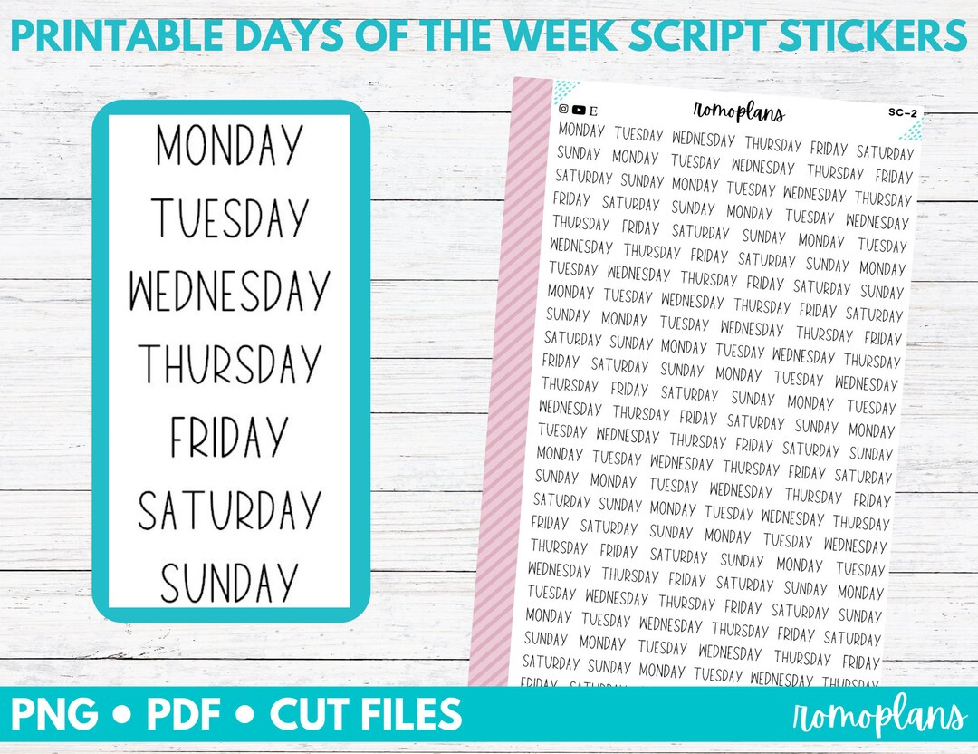 Printable Days of the Week Script Stickers Font A Erin Condren Happy ...