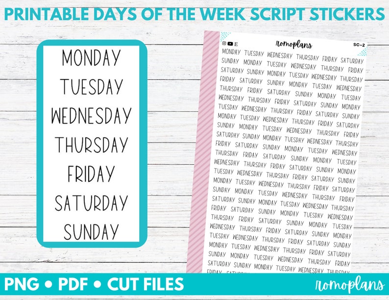 Printable Days of the Week Script Stickers Font A Erin | Etsy
