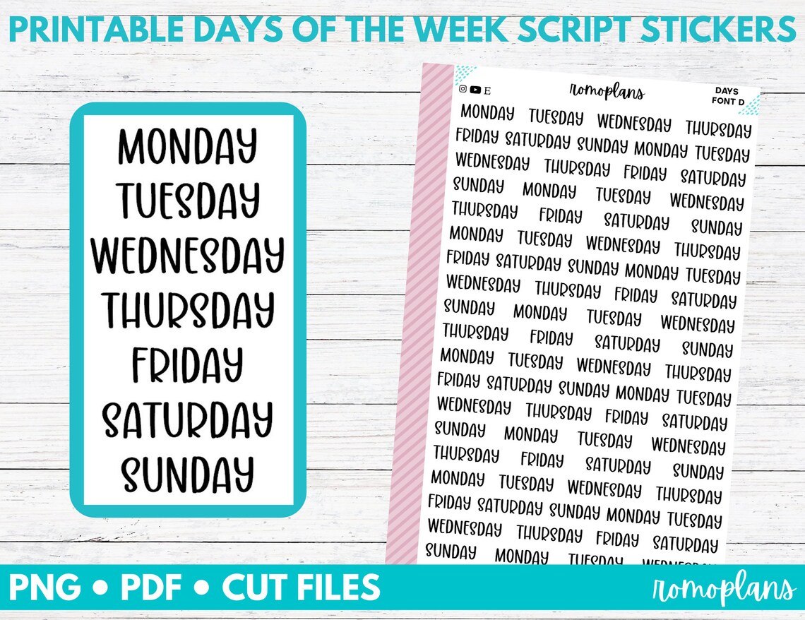 Printable Days of the Week Script Stickers Font D Erin - Etsy