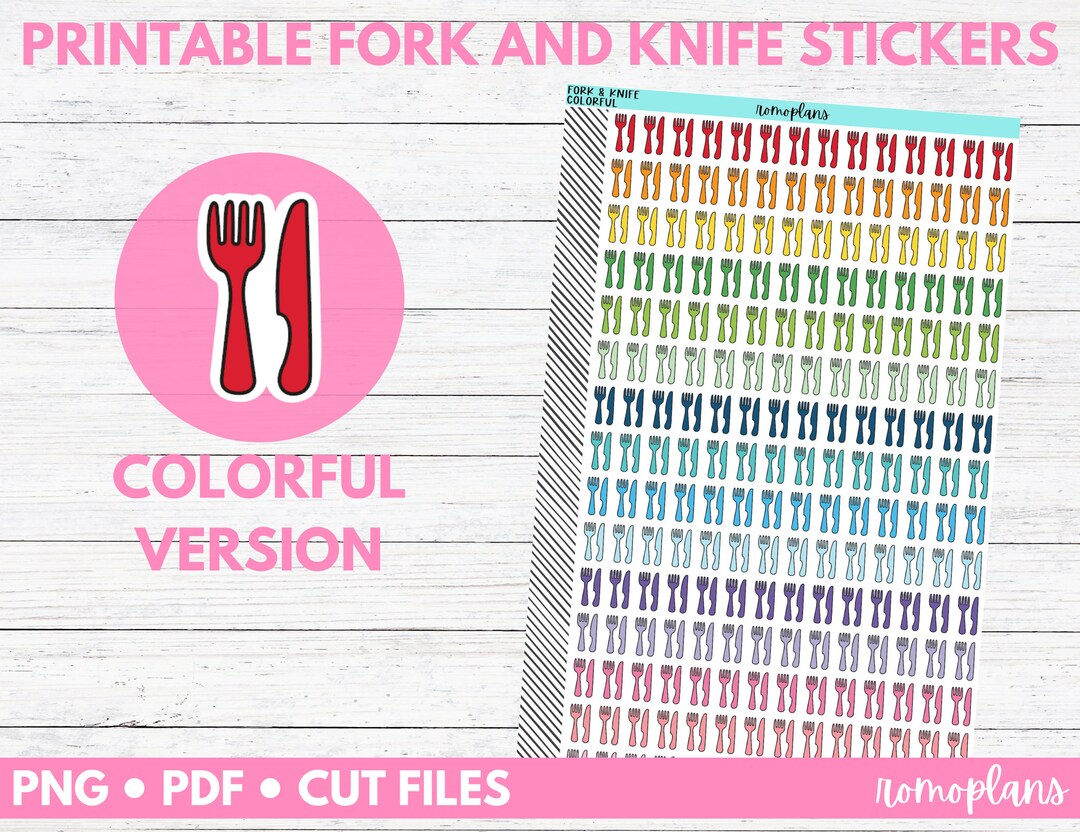 Printable Fork and Knife Doodle Sticker | Colorful Version - Etsy