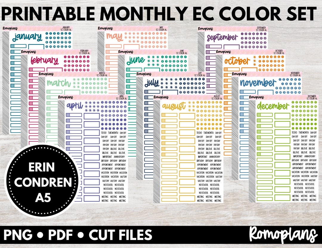 Printable Functional Monthly Kit Bundle in Erin Condren Colors | Erin ...