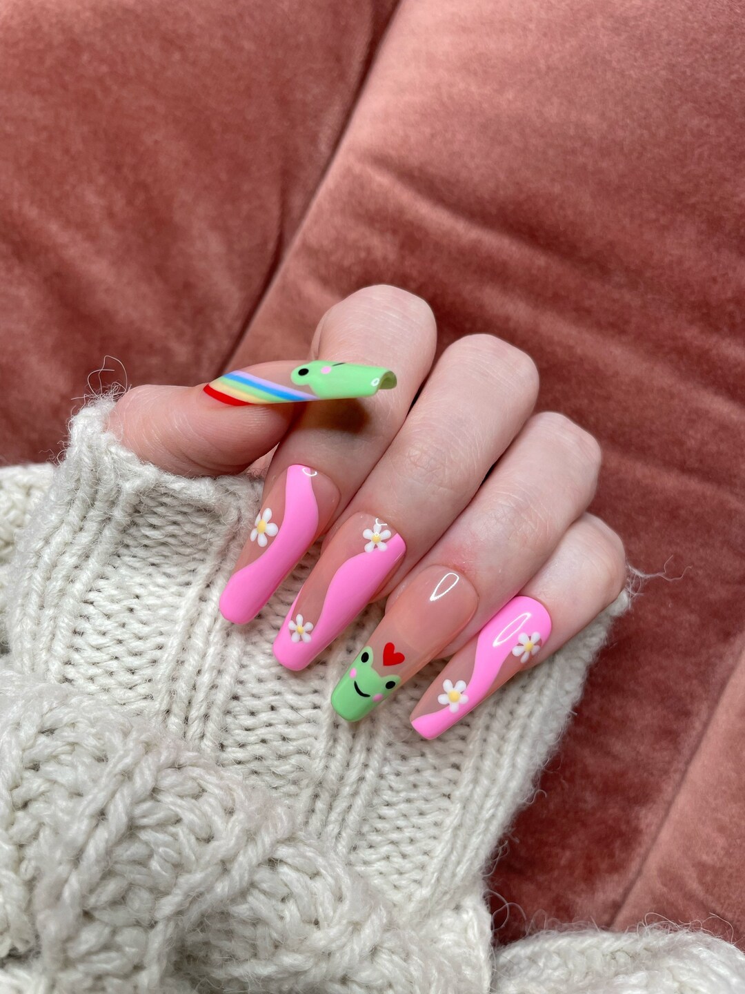 Frog Press on Nails, Spring Summer Press on Acrylic Nails, Rainbow Fake ...