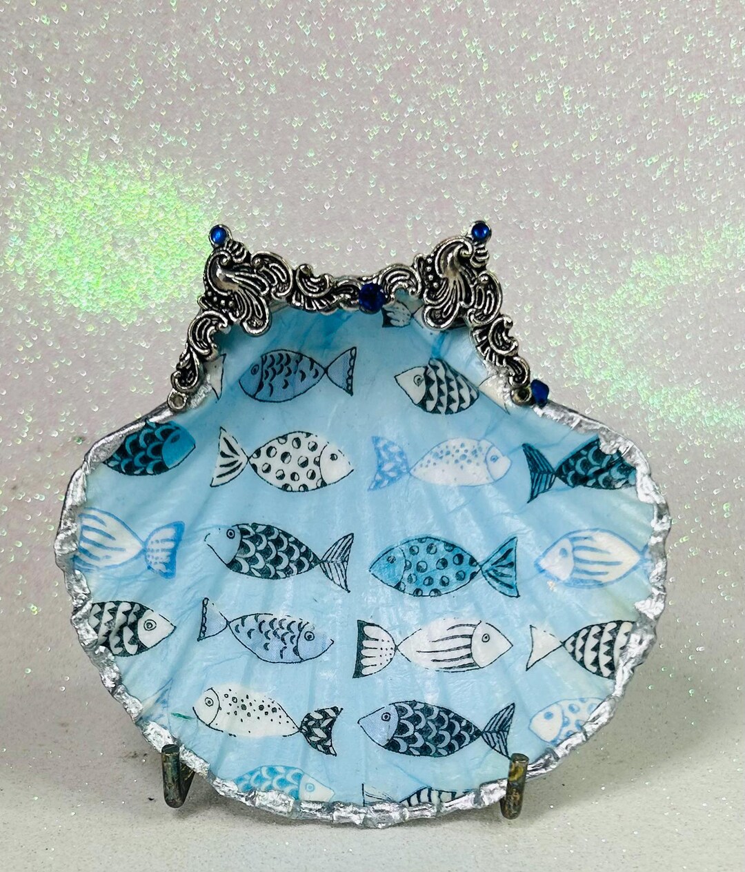 Handmade Vintage Style Decoupage Ocean Fish & Silver Lustre Scallop ...