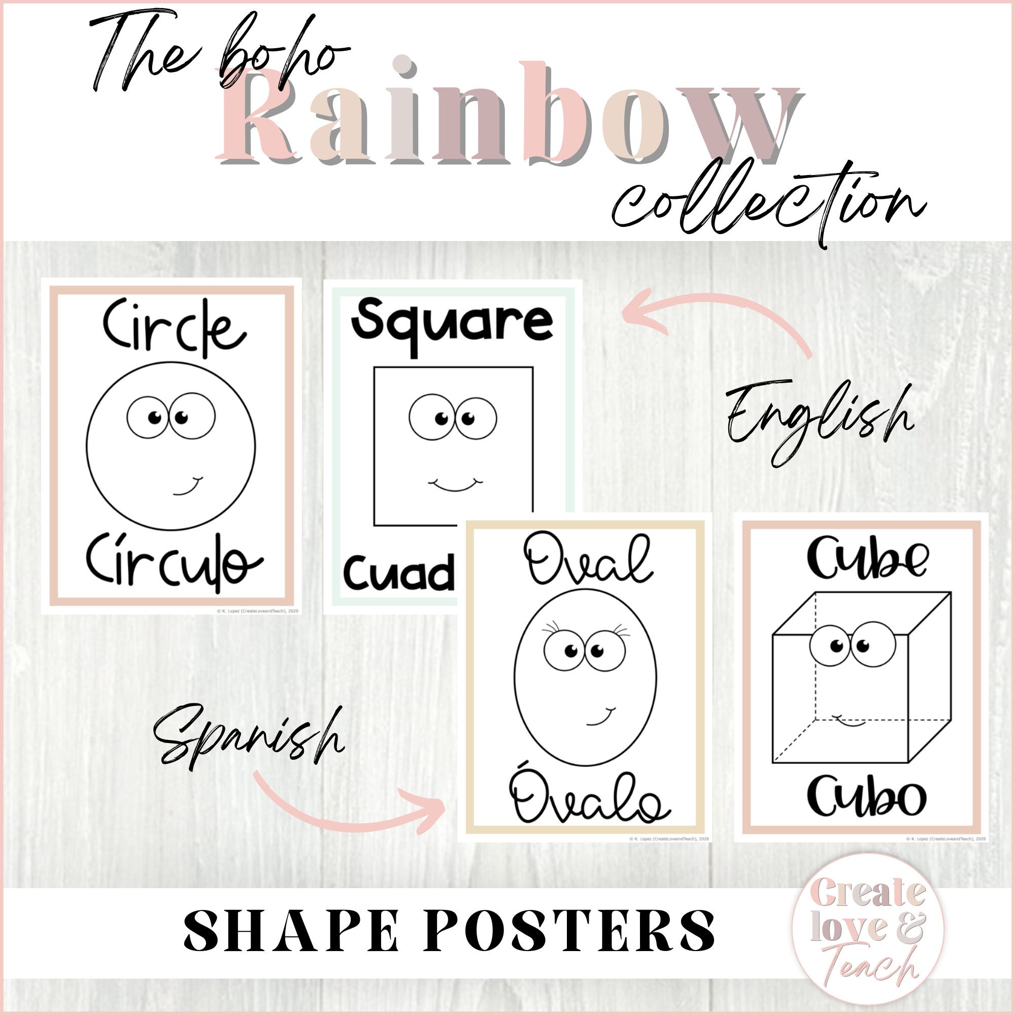 Boho Rainbow Shape Posters Bilingual Shape Posters Classroom Shape ...