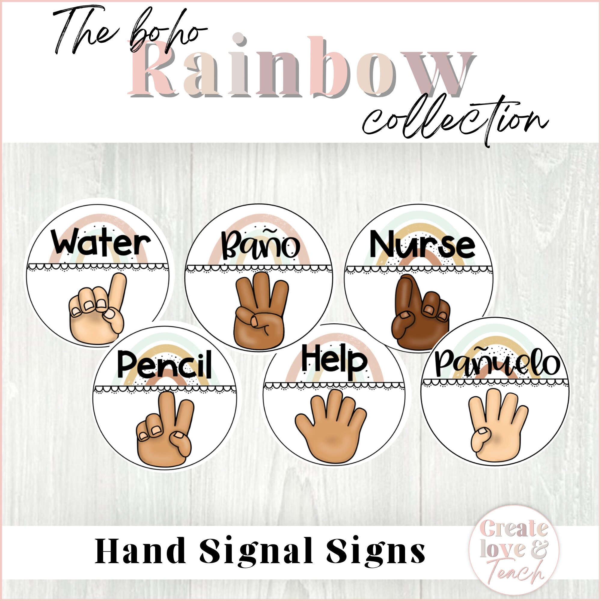 Boho Rainbow Hand Signal Posters Bilingual Signals Classroom Signal ...
