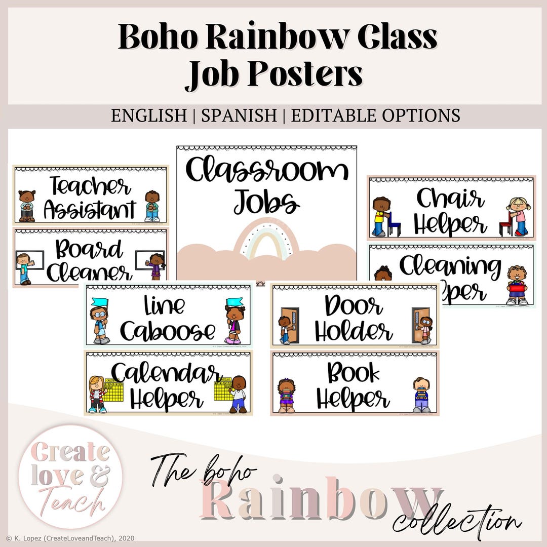 Boho Rainbow Classroom Jobs English Spanish | Classroom Posters | Class ...