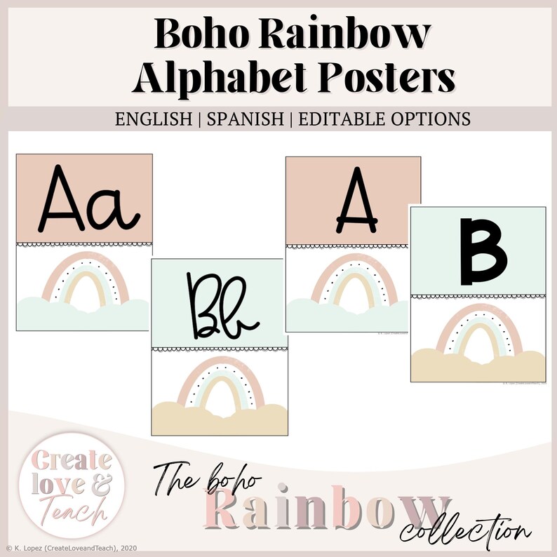 Boho Rainbow Alphabet Posters | Bilingual Alphabet Posters | Classroom ...