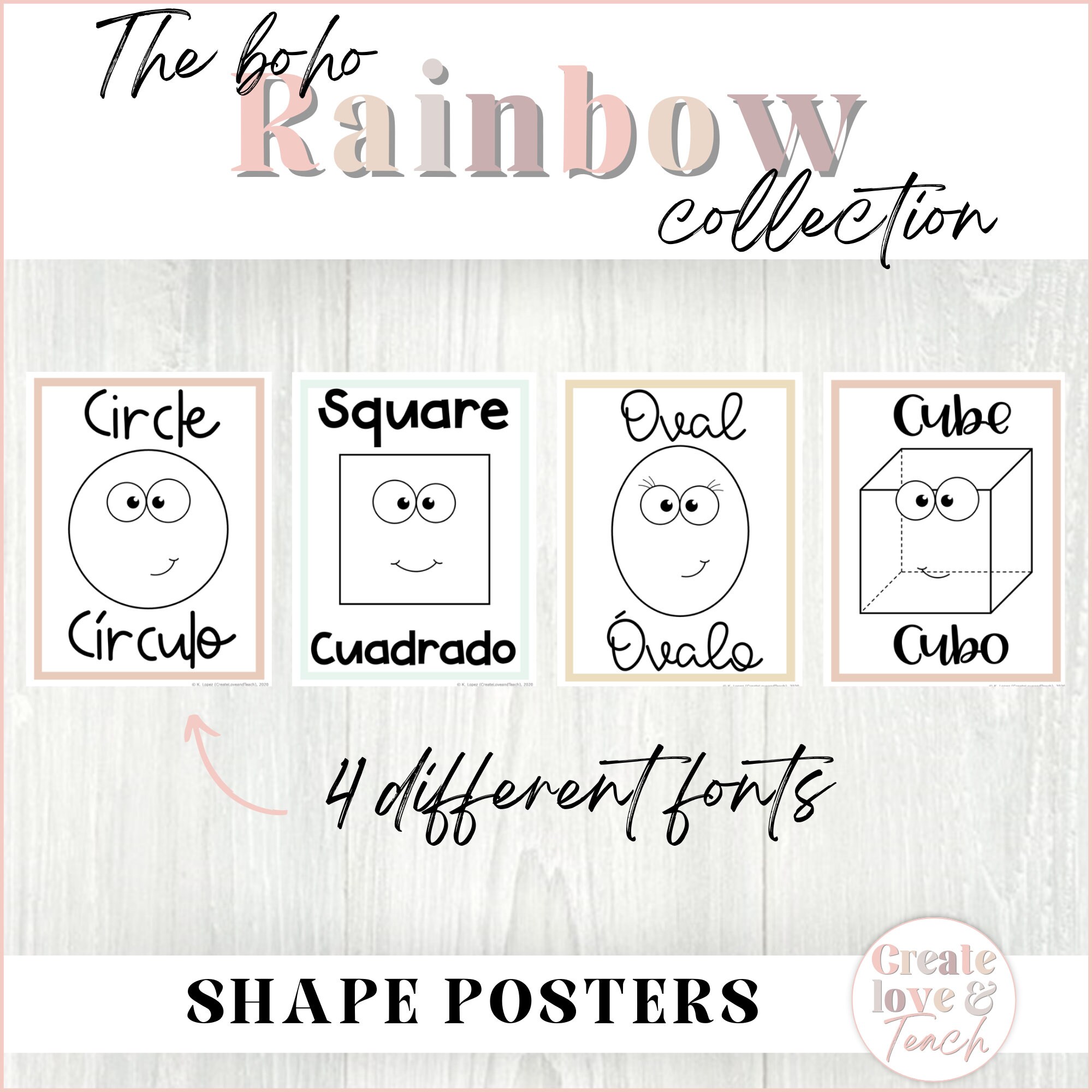 Boho Rainbow Shape Posters Bilingual Shape Posters Classroom Shape ...