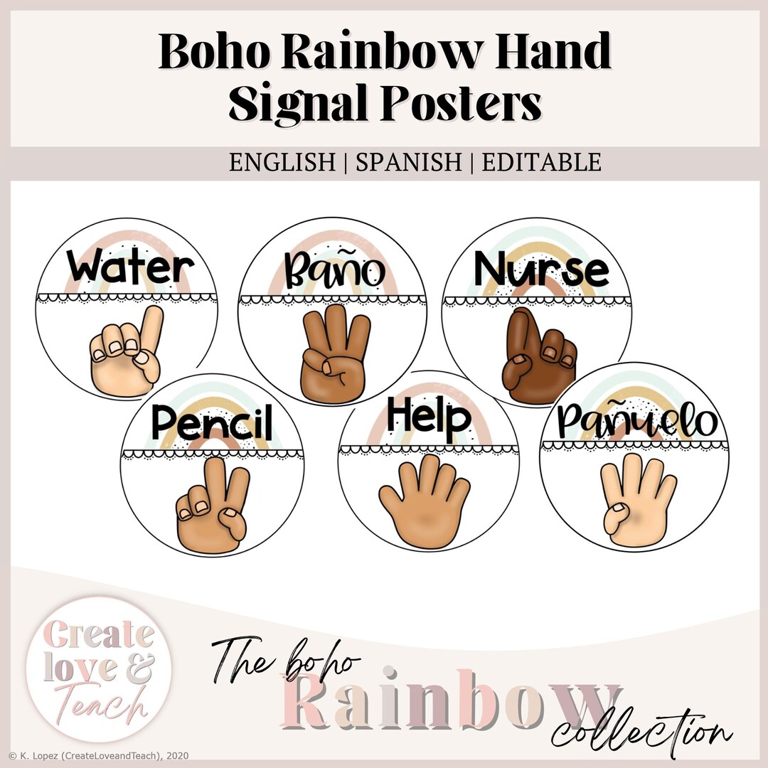 Boho Rainbow Hand Signal Posters | Bilingual Signals | Classroom Signal ...