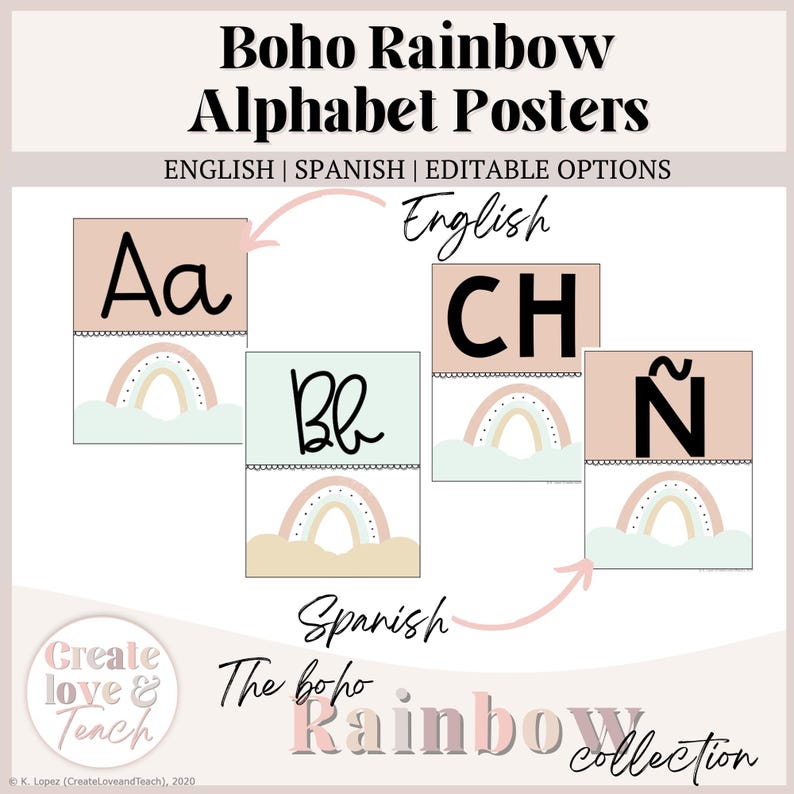 Boho Rainbow Alphabet Posters | Bilingual Alphabet Posters | Classroom ...