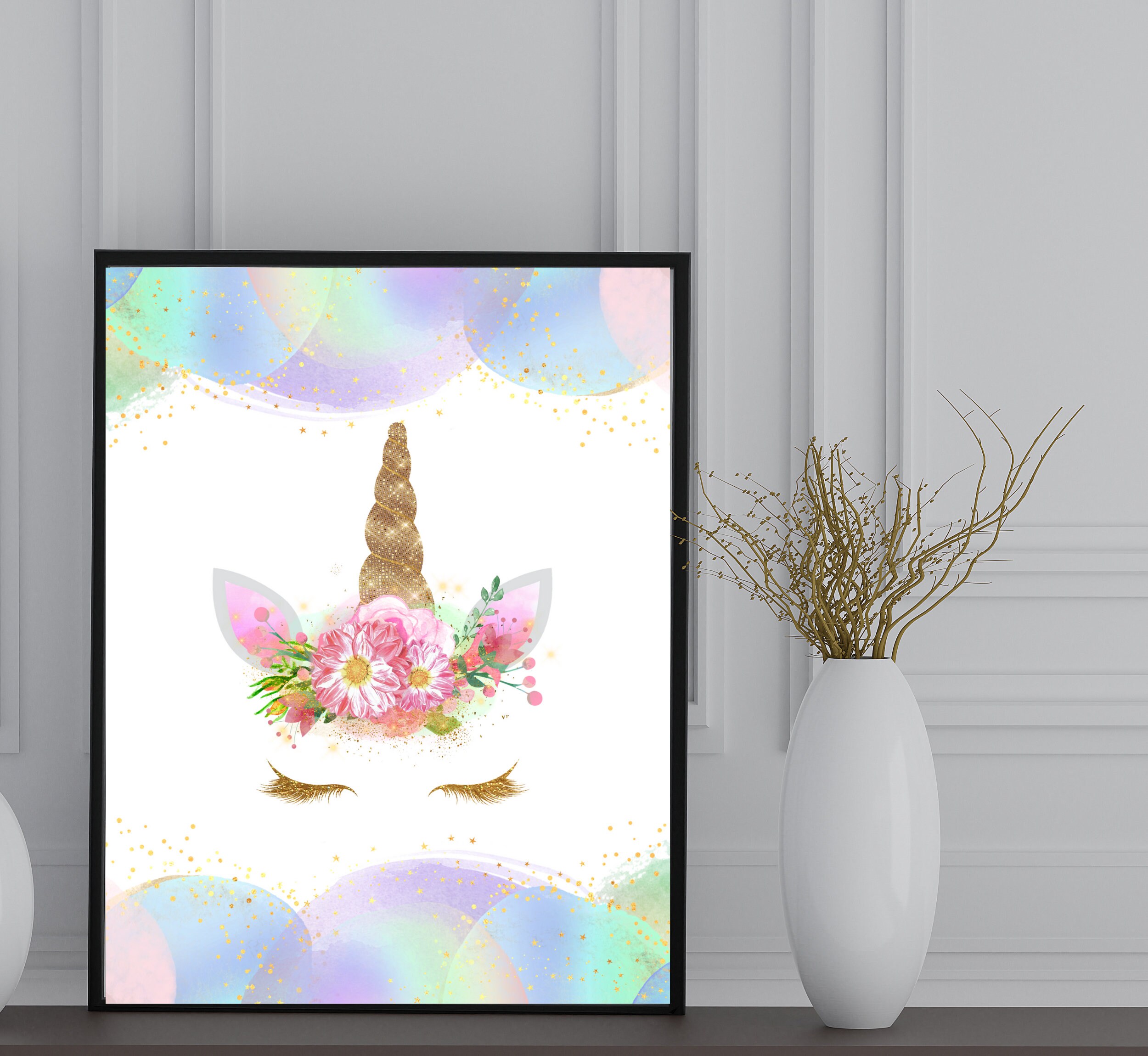 Unicorn Gold Sparkle Face With Prints Unicorn With Ballons | Etsy