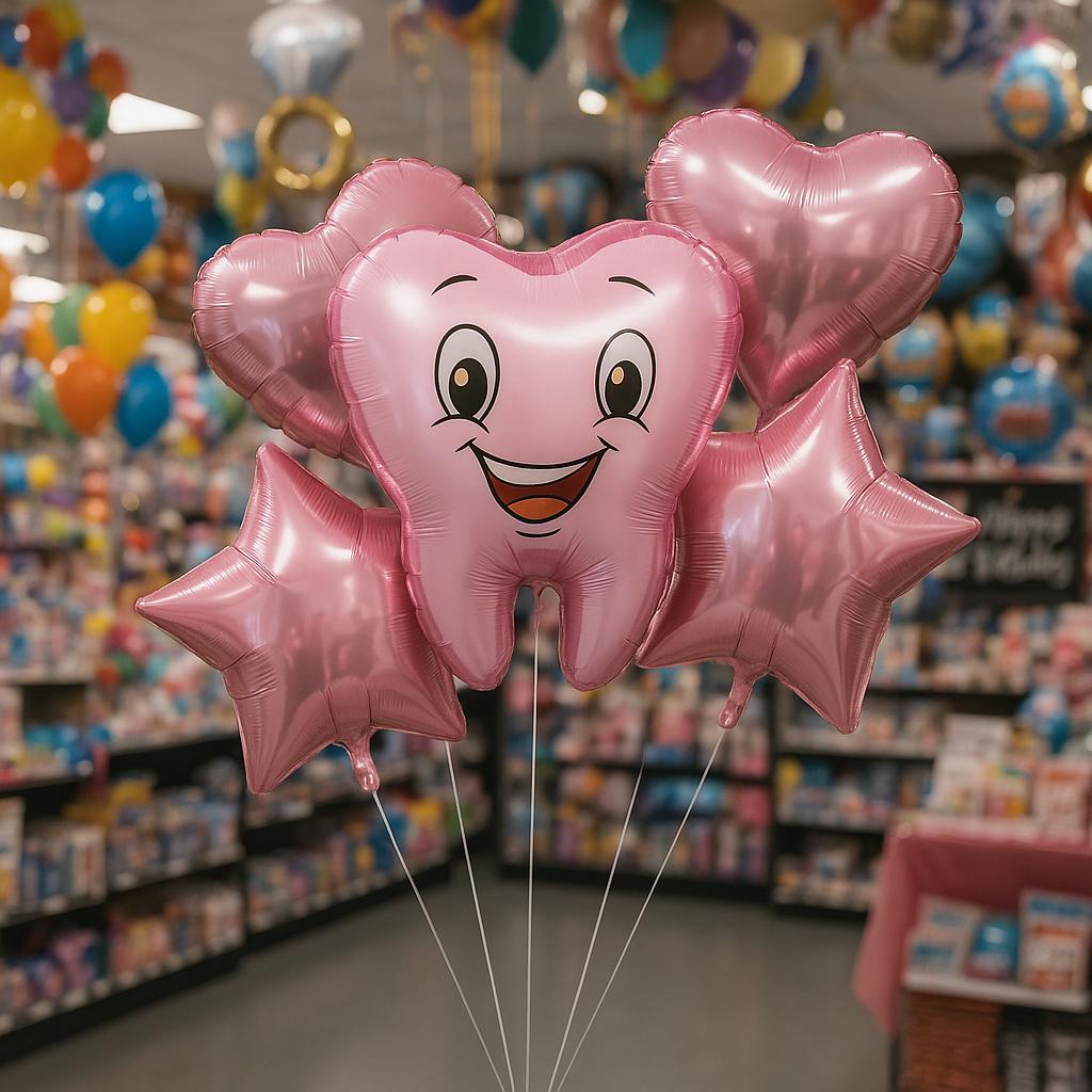 Pink Tooth Balloon Set - Tooth Shaped Balloon, 18" Pink Star and Heart ...