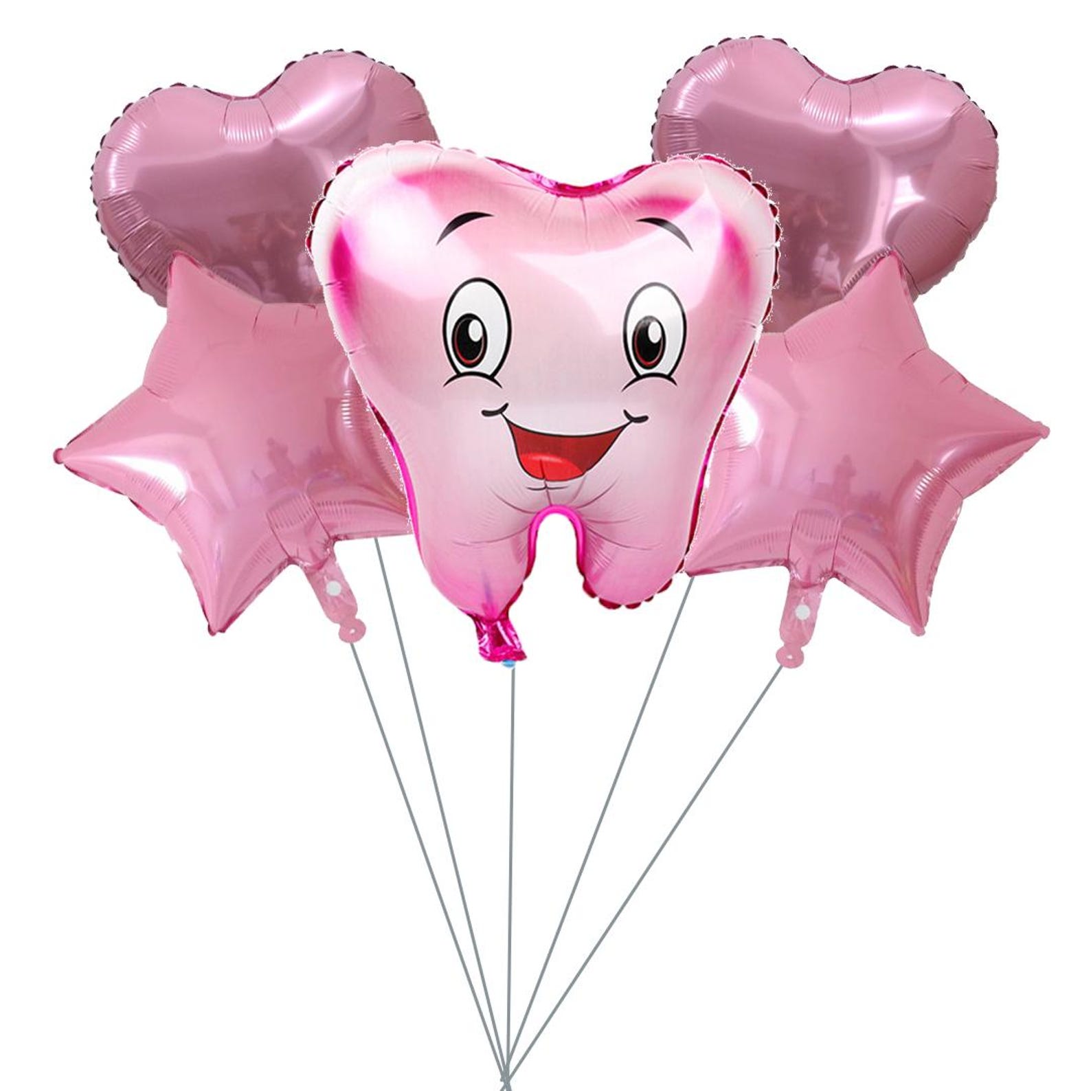 Pink Tooth Balloon Set - Tooth Shaped Balloon, 18" Pink Star and Heart ...