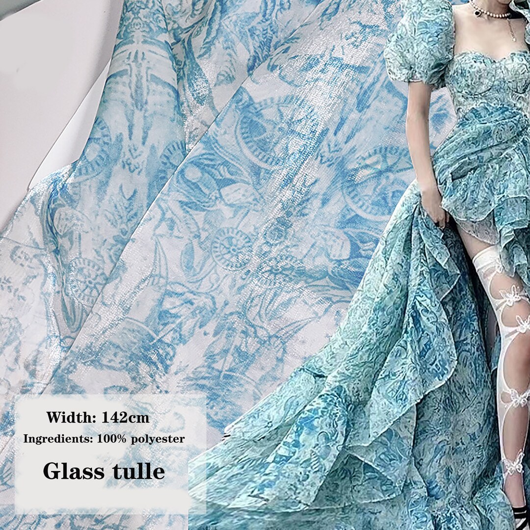 Cyan, Organza Digital Printing, Digitally Printed Tulle, Blooming ...