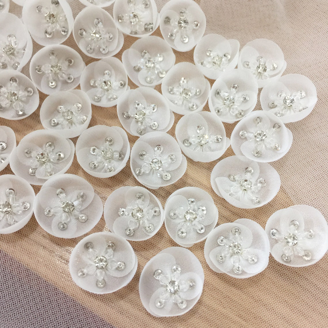 5pcs White Flower Applique 3D Applique Hand-stitched Rhinestones ...