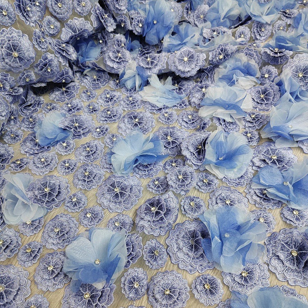 Heavy Industry Blue Flower Embroidered Lace, 3D Flower Embroidered Mesh ...