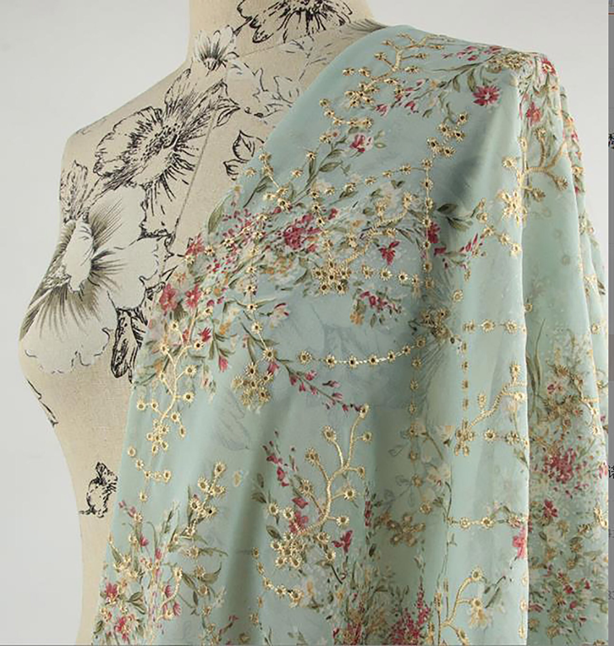 D Delicate Chiffon Floral Print Fabric Embroidery，chiffon Eyelet Lace ...