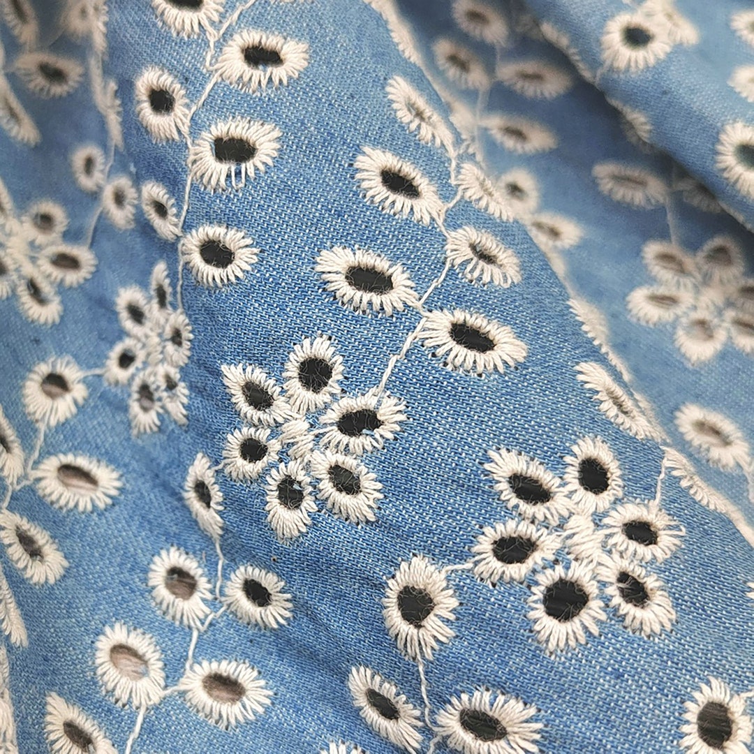 Blue ，cotton Denim Eyelet Embroidery ,3D Embroidery Flower Fabric ...