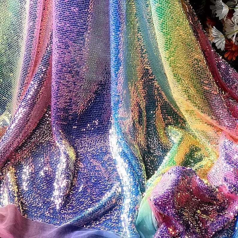 Rainbow Gradient Sequins Mesh Embroidery Lace Fabric, Stage Dress ...