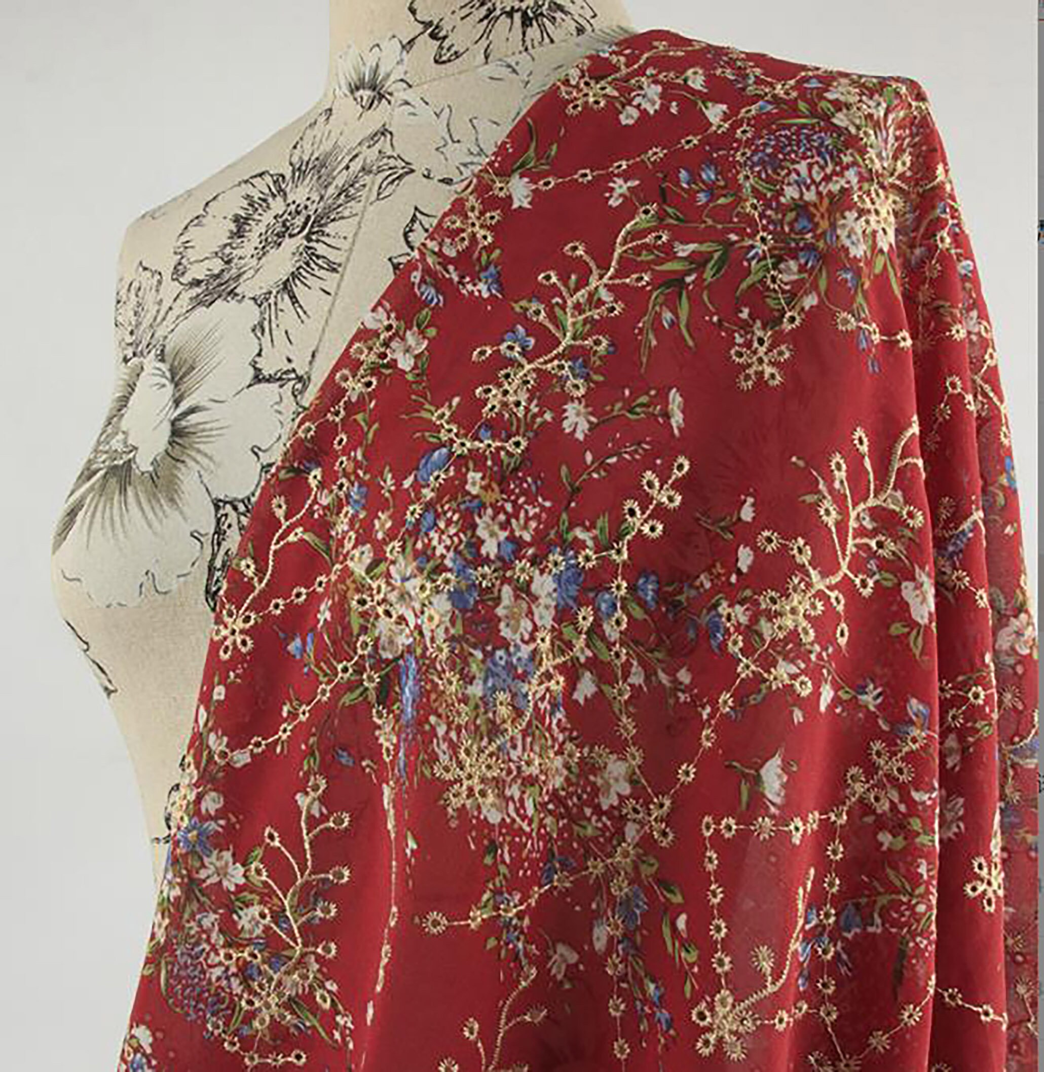 D Delicate Chiffon Floral Print Fabric Embroidery，chiffon Eyelet Lace ...