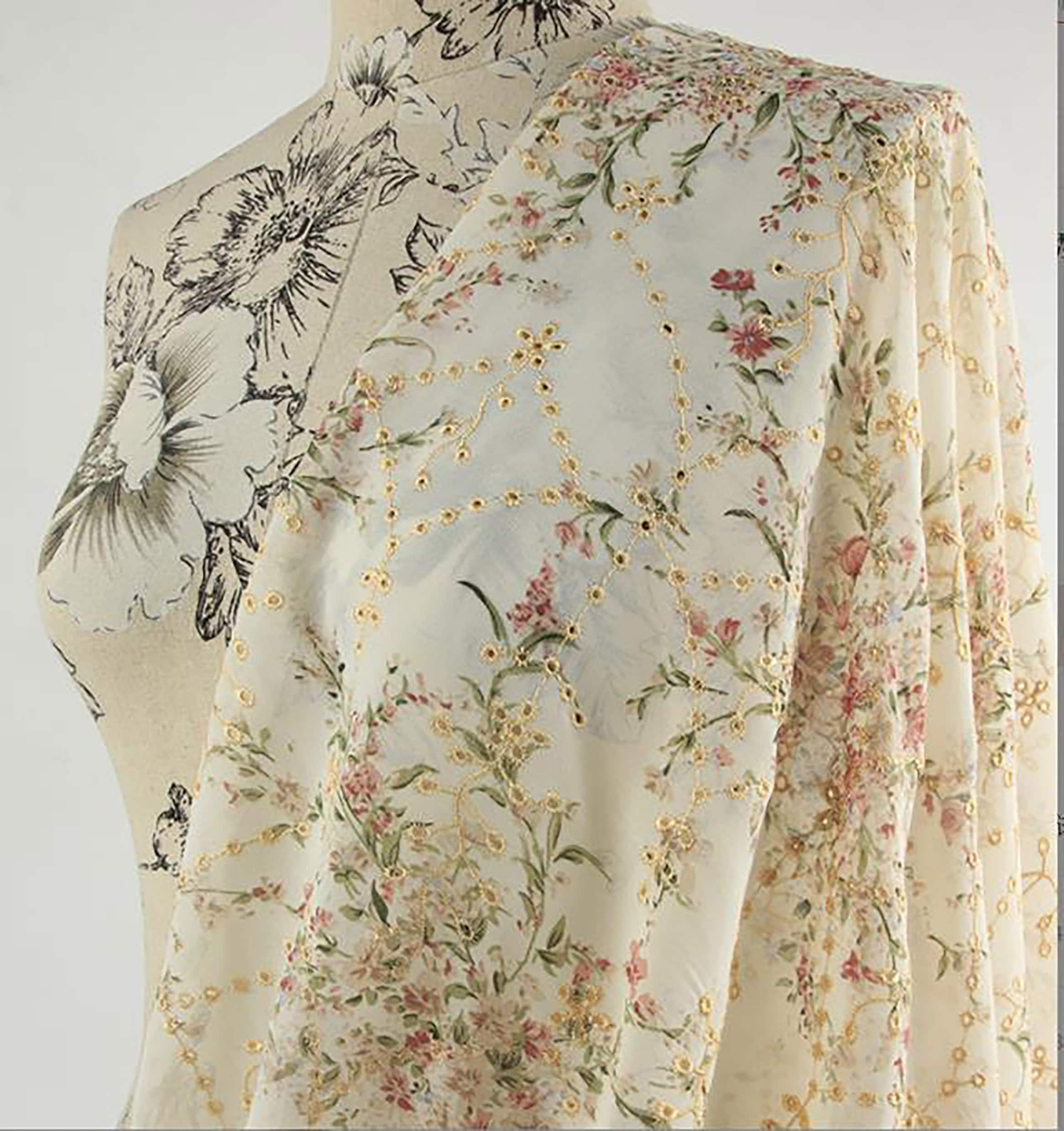 D Delicate Chiffon Floral Print Fabric Embroidery，chiffon Eyelet Lace ...