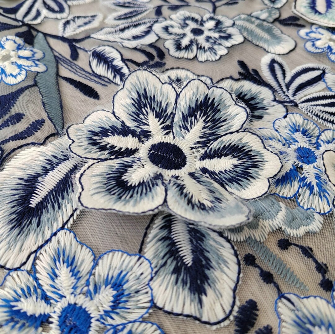 Heavy Industry Blue Flower Embroidered Lace, 3D Flower Embroidered Mesh ...