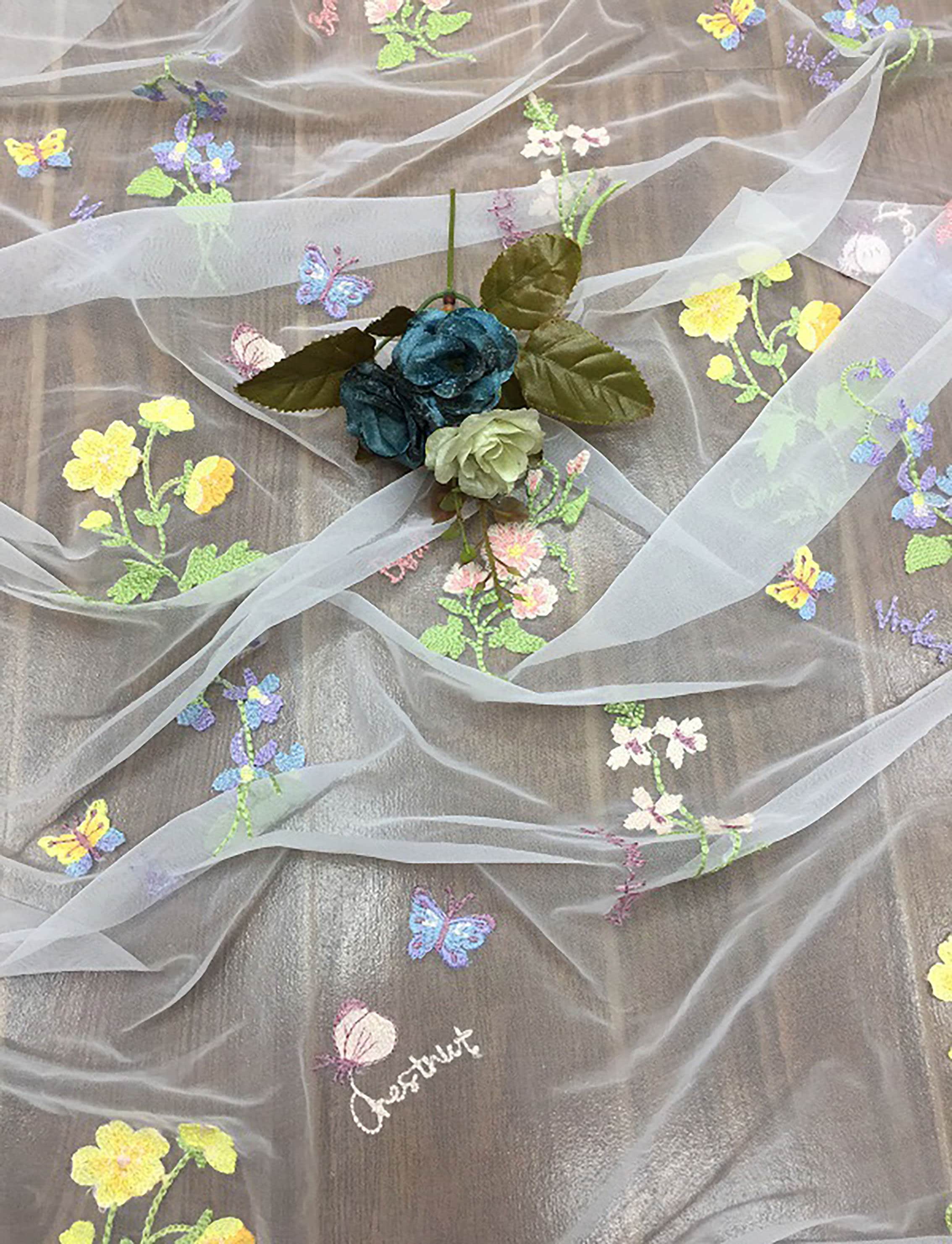 Vintage Flowers Embroidered Sheer Fabric , Multicolor Floral Lace, 3d ...