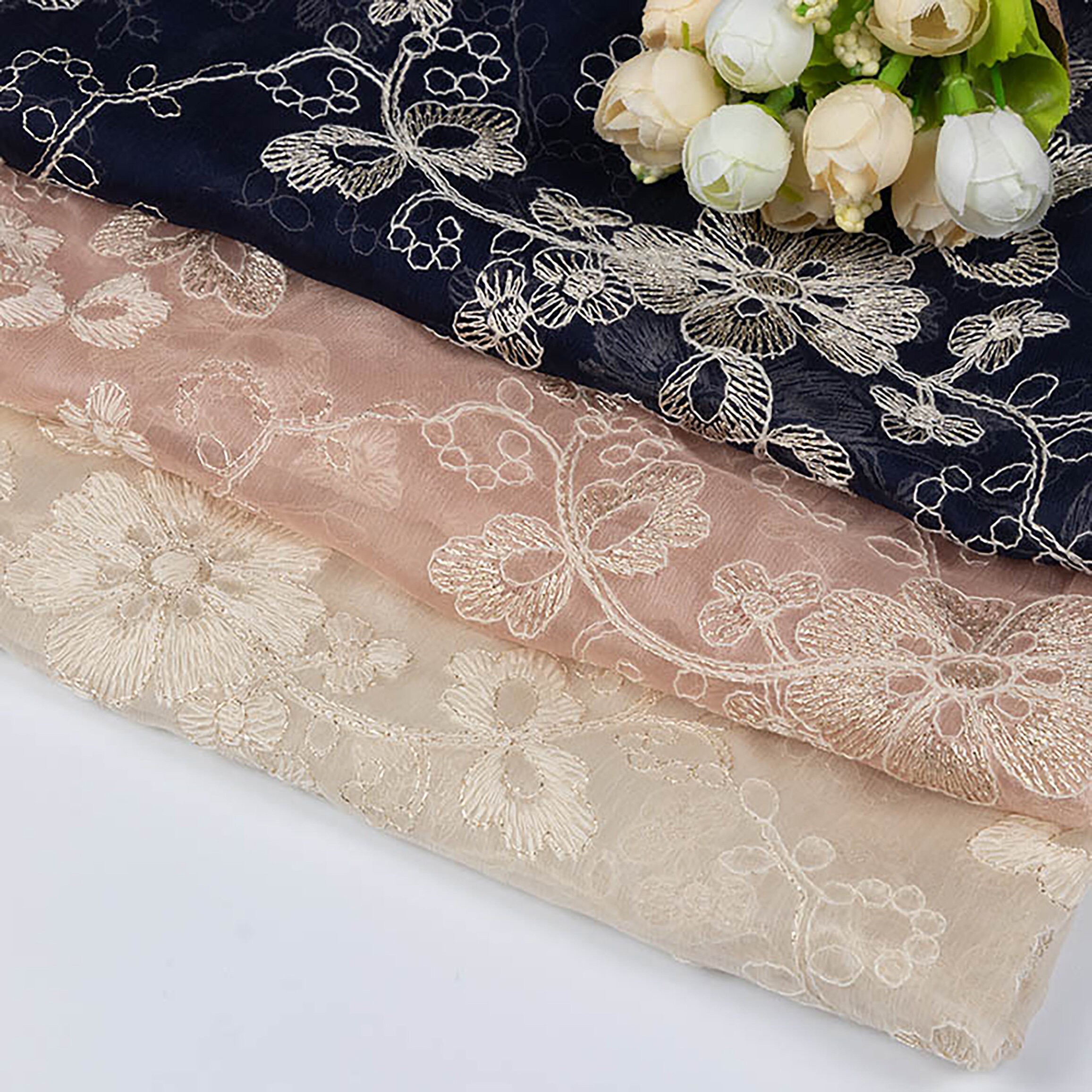 Soft Imitation Silk Chiffon Gold Thread Flower Embroidery, Floral ...