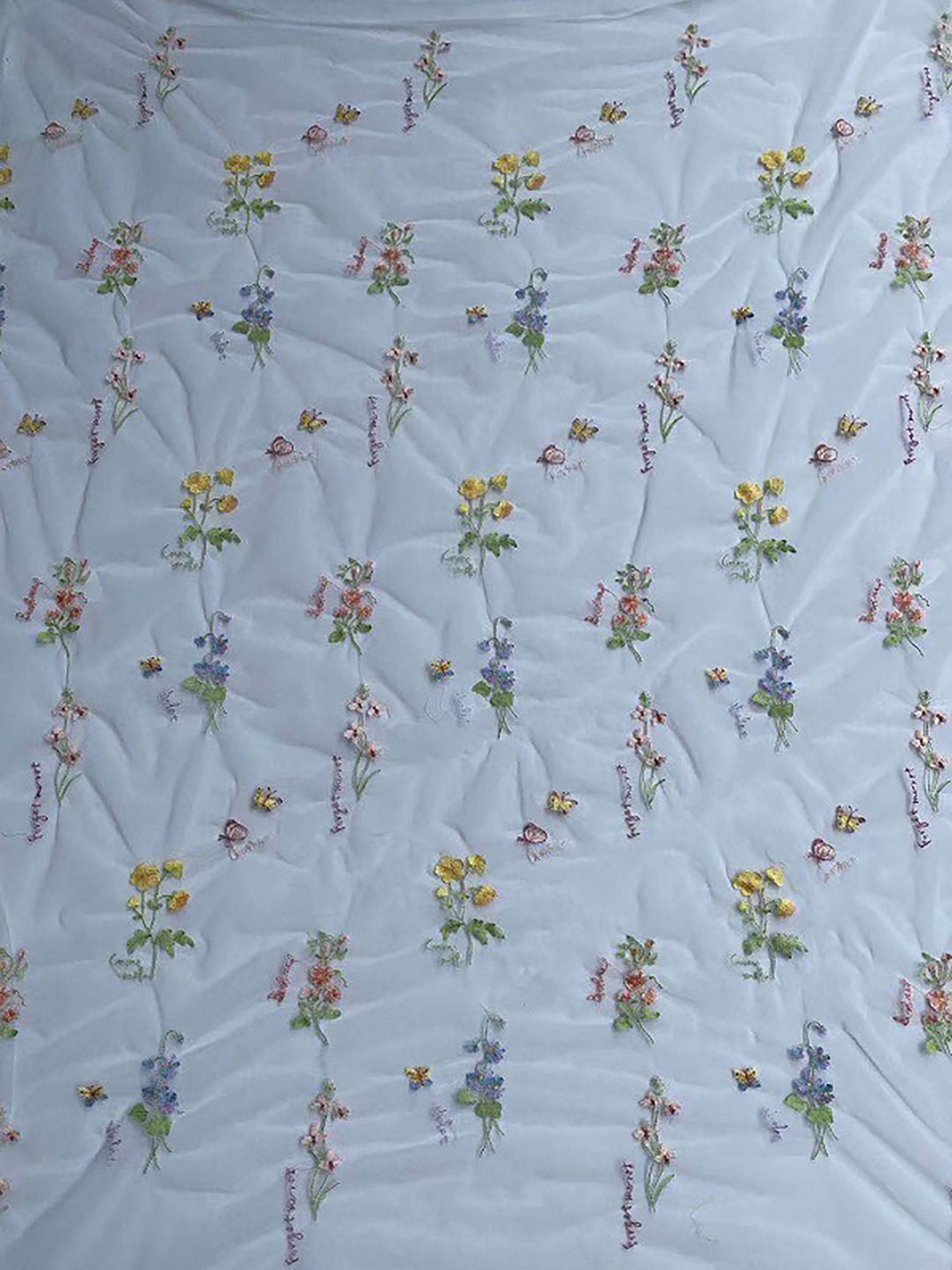 Vintage Flowers Embroidered Sheer Fabric , Multicolor Floral Lace, 3d ...